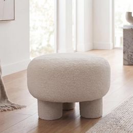Hocker MCW-Q49, Sitzhocker Ottomane Polsterhocker Pouf, Stoff/Textil Boucl&eacute; (200g/m&sup2;) 55cm ~ creme