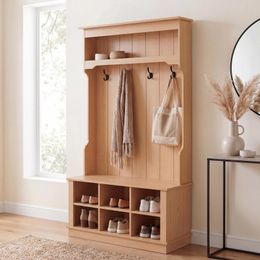 Garderobe MCW-P26, Flurgarderobe Holzgarderobe Sitzbank, 4 Haken Staufach Ablage Melamin 170x100x39cm ~ natur