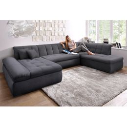 Wohnlandschaft DOMO collection "NMORIC im XXL-Format, 353x216x80 cm, inkl. Zierkissen U-Form", grau, B:353cm H:80cm T:216cm, Microfaser PRIMABELLE (100% Polyester);Chenille (85% Polyester, 15% Acryl);Luxus-Microfaser (100% Polyester);Struktur ( 100% Polyester), Sofas, Wohnlandschaft, wahlweise mit Bettfunktion und Armlehnenverstellung