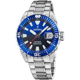 Taucheruhr Festina "The Originals/Diver", silber (silberfarben, blau), Armbanduhren, Herren, Armbanduhr,Quarzuhr,Herrenuhr,bis 20 bar wasserdicht, Edelstahlarmband