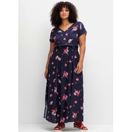 Maxikleid sheego "Maxikleid", Damen, Gr. 44, Normalgr&ouml;&szlig;en, blau (marine, gemustert), 100% Viskose, gebl&uuml;mt, gemustert, lang, V-Ausschnitt, Kleider Maxikleid