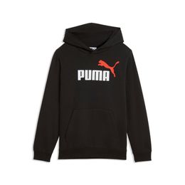 Kapuzensweatshirt Puma "ESS 2 COLOR NO 1 LOGO HOODIE FL B", Jungen, Gr. 128, Puma schwarz, rotflash, Fleece, Obermaterial: 66% Baumwolle, 34% Polyester. Kapuzenfutter: 100% Baumwolle, bedruckt, regular fit normal, Rundhals, angesetztes B&uuml;ndchen, Sweatshirts, mit Kapuze, Rundhalsausschnitt, mit gerippten B&uuml;ndchen und Saum