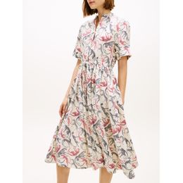 Sommerkleid Tommy Hilfiger "ESS LINEN SHORT SLEEVE SHIRT DRESS", Damen, Gr. XS (34), N-Gr, bunt (leopard baroque rwb), Web, Obermaterial: 100% Leinen, gemustert, tailliert wadenlang, Rundhals, mit Umschlag, Kleider Sommerkleid, in Midi-L&auml;nge, mit Taillen-Band zum Binden
