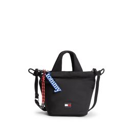 Handtasche Tommy Jeans "TJW ICON CHARMS BUCKET BAG", Damen, Gr. B/H/T: 14cm x 17,5cm x 12,5cm, schwarz, Textil, Taschen Handtasche, Damen Tragetasche, Umh&auml;ngetasche mit abnehmbarem Schl&uuml;sselanh&auml;nger