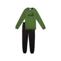 Trainingsanzug Puma "ESS NO1 LOGO CREW SWEAT SUIT FL B", Jungen, Gr. 128, earthy gr&uuml;n, Fleece, Obermaterial: 66% Baumwolle, 34% Polyester, bedruckt, regular fit, Sportanz&uuml;ge Trainingsanzug, zweiteilig, entspannte Passform, ohne Kapuze