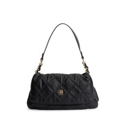 Schultertasche Tommy Hilfiger "TH FEMININE SHOULDER BAG", Damen, Gr. B/H/T: 32cm x 18cm x 10cm, schwarz, Lederimitat, Taschen Schultertasche, Damen Umh&auml;ngetasche, Tragetasche, mit goldfarbener Zierkette