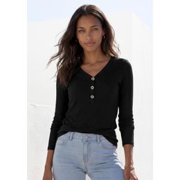 Langarmshirt Lascana "mit kurzer Knopfleiste", Damen, Gr. 32/34, schwarz, Rippware, Obermaterial: 95% Viskose, 5% Elasthan, unifarben, bequem normal, V-Ausschnitt, Shirts Langarmshirt, aus luftiger Viskose-Ripp-Qualit&auml;t