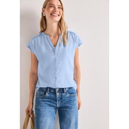 Kurzarmbluse Street One, Damen, Gr. 36, cashmere blau, Web, Obermaterial: 100% Baumwolle, figurumspielend taillenbedeckt, V-Ausschnitt, Blusen, Angeschnittene &Auml;rmel, geh&auml;kelter Einsatz an Schultern&auml;hten