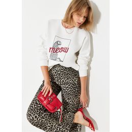 Leopardenmuster bestickter Rundhalsausschnitt Sweater