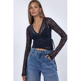 Crop-Spitzen-Bluse mit V-Ausschnitt und Bindeb&auml;ndern