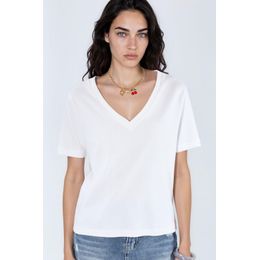 V-Ausschnitt Unifarben Regular Fit Baumwoll-T-Shirt