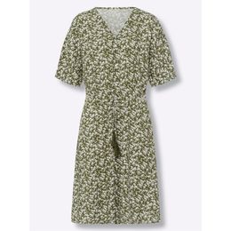 Heine Witt Damen A-Linien-Kleid mit Bindeband, oliv-ecru-bedruckt, Gr&ouml;&szlig;e 48
