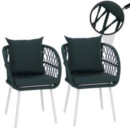 2er-Set Gartenstuhl MCW-Q38, Gartensessel Armlehne, Aluminium Seilgeflecht Rope ~ Gestell hellgrau, Polster gr&uuml;n