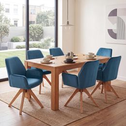 6er-Set Esszimmerstuhl MCW-G67, Esstischstuhl K&uuml;chenstuhl mit Armlehne, drehbar Holz Samt 320 g/m&sup2; MVG ~ t&uuml;rkis-blau