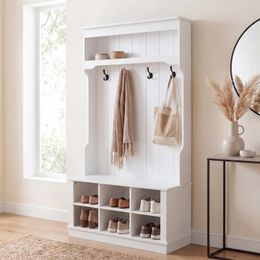 Garderobe MCW-P26, Flurgarderobe Holzgarderobe Sitzbank, 4 Haken Staufach Ablage Melamin 170x100x39cm ~ wei&szlig;