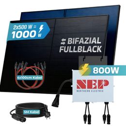 SUNNIVA&reg; 1000W Balkonkraftwerk BIFAZIAL FULLBLACK komplett Steckdose NEP BDM-800 800 Watt Wechselrichter, Solaranlage Komplettset, 2x 500W N-Type Glas Bifacial Solarmodule, 5m Kabel