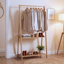 Bambus Standgarderobe MCW-Q32, Garderobenst&auml;nder Kleiderst&auml;nder Schuhregal, Stange 2 Ablagen 130x70x44cm ~ natur