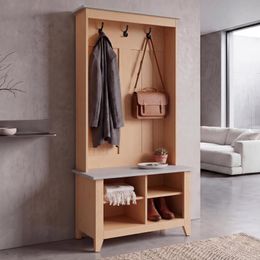 Garderobe MCW-P28, Standgarderobe Schuhregal Sitzbank, 3 Haken 4 Stauf&auml;cher Melamin 170x76x39cm ~ natur, wei&szlig;