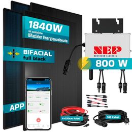 SUNNIVA&reg; 1840W Balkonkraftwerk BIFAZIAL FULLBLACK komplett Steckdose NEP BDM-800 800 Watt Wechselrichter, PV Solaranlage Komplettset,4x460W Glas-Glas Bifacial Solarmodule, 5m Kabel,4x2,5m Solarkabel