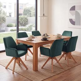 6er-Set Esszimmerstuhl MCW-G67, Esstischstuhl K&uuml;chenstuhl mit Armlehne, drehbar Holz Samt 320 g/m&sup2; MVG ~ gr&uuml;n