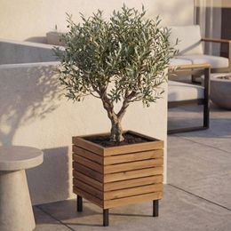 Pflanzkasten MCW-P84, Blumenkasten quadratisch Outdoor Stahl Akazie 43x33x33cm MVG-zertifiziert ~ hellbraun