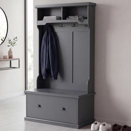 Garderobe MCW-P27, Flurgarderobe Holzgarderobe Sitzbank, 4 Haken Staufach Ablage Melamin 163x100x47cm ~ dunkelgrau