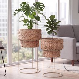2er-Pflanzentopf-Set MCW-Q45, Pflanzkasten Pflanzk&uuml;bel Blumentopf, Metall Wasserhyazinthe ~ natur, Gestell beige