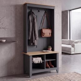 Garderobe MCW-P28, Standgarderobe Schuhregal Sitzbank, 3 Haken 4 Stauf&auml;cher Melamin 170x76x39cm ~ dunkelgrau, natur