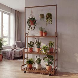 Bambus Pflanzenregal MCW-Q33, Blumentreppe Blumenst&auml;nder Pflanzentreppe, Stange 3 Ablagen Rollen 175x93x38cm ~ braun
