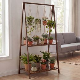 Bambus Pflanzenregal MCW-Q32, Blumentreppe Pflanzentreppe Badregal, Stange 2 Ablagen 130x70x44cm ~ braun