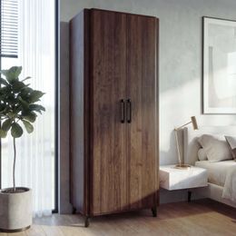 Hochschrank MCW-P42, Kleider-/Garderobenschrank Kleideraufbewahrung Schrank 2 T&uuml;ren MDF 216x80x57cm ~ Walnuss-Optik