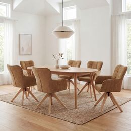 6er-Set Esszimmerstuhl MCW-Q35, K&uuml;chenstuhl Armlehne drehbar Auto-Return, Stoff Chenille (680g/m&sup2;) Holz MVG ~ senfgelb