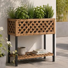 Pflanzkasten MCW-P86, Blumen-/Pflanzk&uuml;bel Blumenkasten, In-/Outdoor Akazie Holz MVG-zertifiziert 78x82x32cm ~ hellbraun