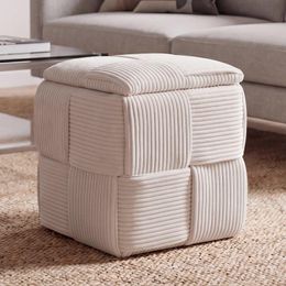 Hocker MCW-Q47, Sitzhocker Ottomane Polsterhocker Pouf, Deckel Staufach Stoff Cord (260g/m&sup2;) 43x40x40cm ~ creme