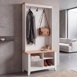 Garderobe MCW-P28, Standgarderobe Schuhregal Sitzbank, 3 Haken 4 Stauf&auml;cher Melamin 170x76x39cm ~ wei&szlig;, natur