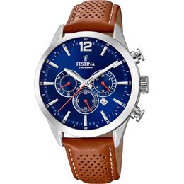 Chronograph Festina "Timeless Chronograph", braun (cognacfarben, blau), Armbanduhren, Herren, Chronograph, Armbanduhr, Quarzuhr, Herrenuhr, Stoppfunktion, Lederarmband