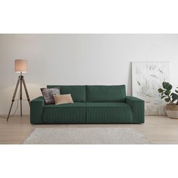 3-Sitzer OTTO HOME "SHERWOOD Schlafsofa (257cm) Cord, Samtvelours, Vintage-Lederoptik", gr&uuml;n (dunkelgr&uuml;n), B:257cm H:85cm T:106cm, 100% Polyester, Sofas, Schlaffunktion mit Bettkasten (ca. 136/200cm)