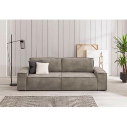 3-Sitzer OTTO HOME "SHERWOOD Schlafsofa (257cm) Cord, Samtvelours, Vintage-Lederoptik", grau (mittelgrau), B:257cm H:85cm T:106cm, 100% Polyester, Sofas, Schlaffunktion mit Bettkasten (ca. 136/200cm)