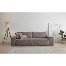 3-Sitzer OTTO HOME "SHERWOOD Schlafsofa (257cm) Cord, Samtvelours, Vintage-Lederoptik", beige (taupe), B:257cm H:85cm T:106cm, 100% Polyester, Sofas, Schlaffunktion mit Bettkasten (ca. 136/200cm)