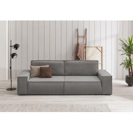3-Sitzer OTTO HOME "SHERWOOD Schlafsofa (257cm) Cord, Samtvelours, Vintage-Lederoptik", grau, B:257cm H:85cm T:106cm, 100% Polyester, Sofas, Schlaffunktion mit Bettkasten (ca. 136/200cm)