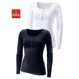 H.I.S. Langarmshirt H.I.S "mit kurzer Knopfleiste", Damen, Gr. 48/50, schwarz-wei&szlig; (schwarz, wei&szlig;), Feinripp, Obermaterial: 100% Baumwolle, unifarben, Basic, k&ouml;rpernah, tiefer Rundhals, Shirts Langarmshirt, aus luftiger Rippqualit&auml;t