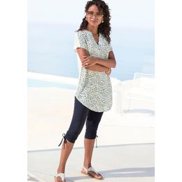 Beach Time Longshirt BEACHTIME, Damen, Gr. 36/38, wei&szlig;, blau bedruckt, Jersey, Obermaterial R&uuml;ckenteil: 100% Viskose. Obermaterial Vorderteil: 100% Viskose, bedruckt, figurumspielend Po-bedeckend, V-Ausschnitt, angeschnitten, Shirts Longshirt, aus Materialmix