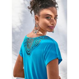 Kurzarmshirt Vivance "mit sommerlicher H&auml;kelspitze am R&uuml;cken", Damen, Gr. 32/34, blau (t&uuml;rkis), Single Jersey, Obermaterial: 95% Viskose (LENZING&trade; ECOVERO&trade;), 5% Elasthan. Spitze: 100% Baumwolle, unifarben, l&auml;ssig geschnitten normal, Rundhals, angeschnitten, Shirts, aus luftigem Viskose-Stretch