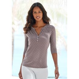 Blusenshirt Lascana "mit Knopfleiste", Damen, Gr. 32/34, grau (taupe), Single Jersey, Obermaterial: 65% Polyester (REPREVE), 35% Viskose, gemustert, bequem normal, V-Ausschnitt, Shirts Blusenshirt, Sommerblusenshirt aus pflegeleichter, luftiger Viskose-Qualit&auml;t