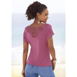 Kurzarmshirt Vivance "mit sommerlicher H&auml;kelspitze am R&uuml;cken", Damen, Gr. 32/34, lila (beere), Single Jersey, Obermaterial: 95% Viskose (LENZING&trade; ECOVERO&trade;), 5% Elasthan. Spitze: 100% Baumwolle, unifarben, l&auml;ssig geschnitten normal, Rundhals, angeschnitten, Shirts, aus luftigem Viskose-Stretch