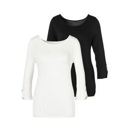 3/4-Arm-Shirt Vivance "mit Manschetten und goldfarbenen Kn&ouml;pfen", Damen, Gr. 32/34, beige (creme, schwarz), Obermaterial: 95% Viskose (LENZING&trade; ECOVERO&trade;), 5% Elasthan, unifarben, Basic, figurumspielend normal, Rundhals, Shirts 3/4-Arm-Shirt, aus luftigem Viskose-Stretch