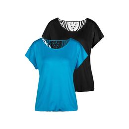 Kurzarmshirt Vivance "mit sommerlicher H&auml;kelspitze am R&uuml;cken", Damen, Gr. 32/34, blau (t&uuml;rkis, schwarz), Single Jersey, Obermaterial: 95% Viskose (LENZING&trade; ECOVERO&trade;), 5% Elasthan. Spitze: 100% Baumwolle, unifarben, bequem, Rundhals, angeschnitten, Shirts, aus luftigem Viskose-Stretch, Topseller