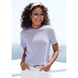 Kurzarmshirt Vivance "mit sommerlichem Ajour-Muster", Damen, Gr. 32/34, blau (hellblau), Feinstrick, Obermaterial: 60% Baumwolle, 40% Polyester, figurumspielend, Rundhals, Shirts, aus luftiger Baumwoll-Qualit&auml;t