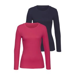 Langarmshirt Vivance "aus modischer Rippware", Damen, Gr. 36/38, pink (pink, navy), Rippware, Obermaterial: 95% Baumwolle, 5% Elasthan, unifarben, Basic, figurbetont normal, Rundhals, Shirts Langarmshirt, aus luftigem Baumwoll-Stretch