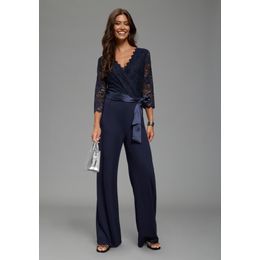Jumpsuit Laura Scott, Damen, Gr. 36, N-Gr, navy, Milano Rib, Obermaterial: 70% Viskose, 25% Polyester, 5% Elasthan. Futter: 95% Viskose, 5% Elasthan. Spitze: 92% Polyamid, 8% Elasthan, leicht transparent, unifarben, figurbetont lang, V-Ausschnitt, Overalls Jumpsuit, mit Spitzenoberteil, elastischer Materialmix